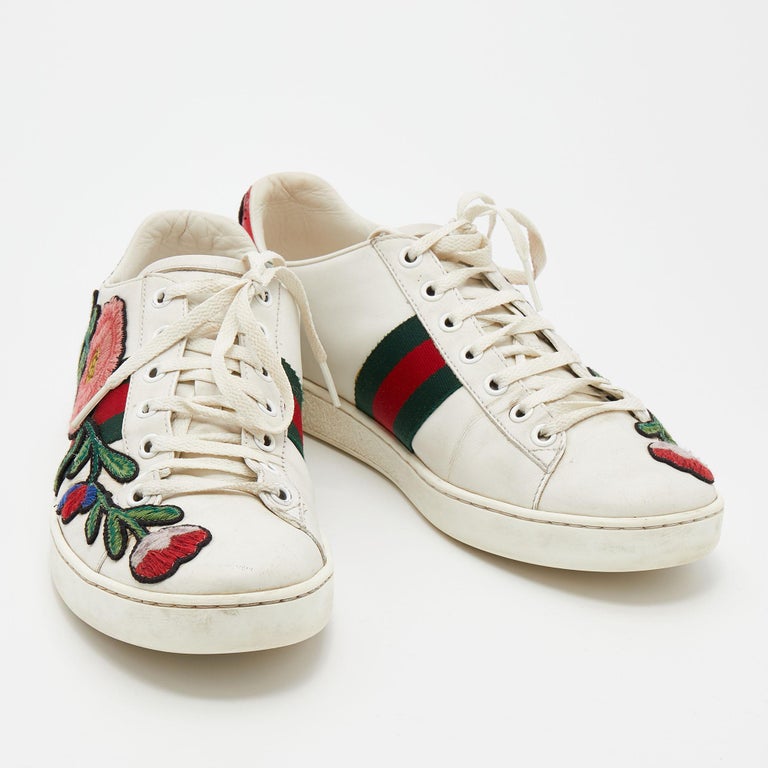 Gucci White Leather Ace Floral Embroidered Low Top Sneakers Size 38.5 ...