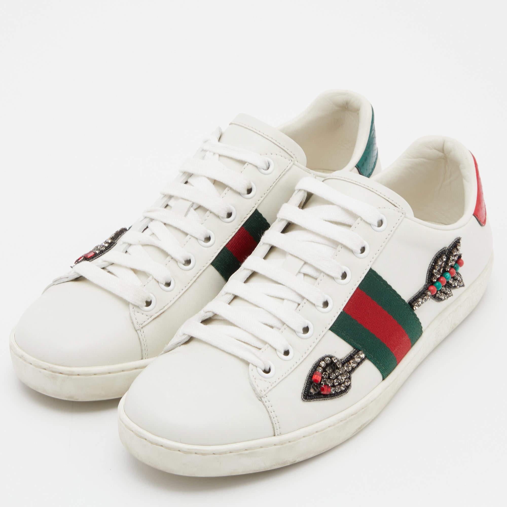 Gucci White Leather Arrow Embellished Ace Low Top Sneakers Size 37.5 ...