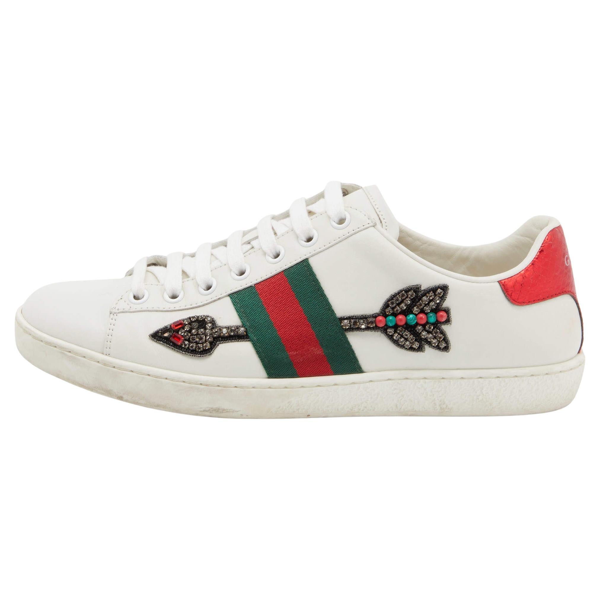Gucci White Leather Arrow Embellished Ace Low Top Sneakers Size 37.5 ...