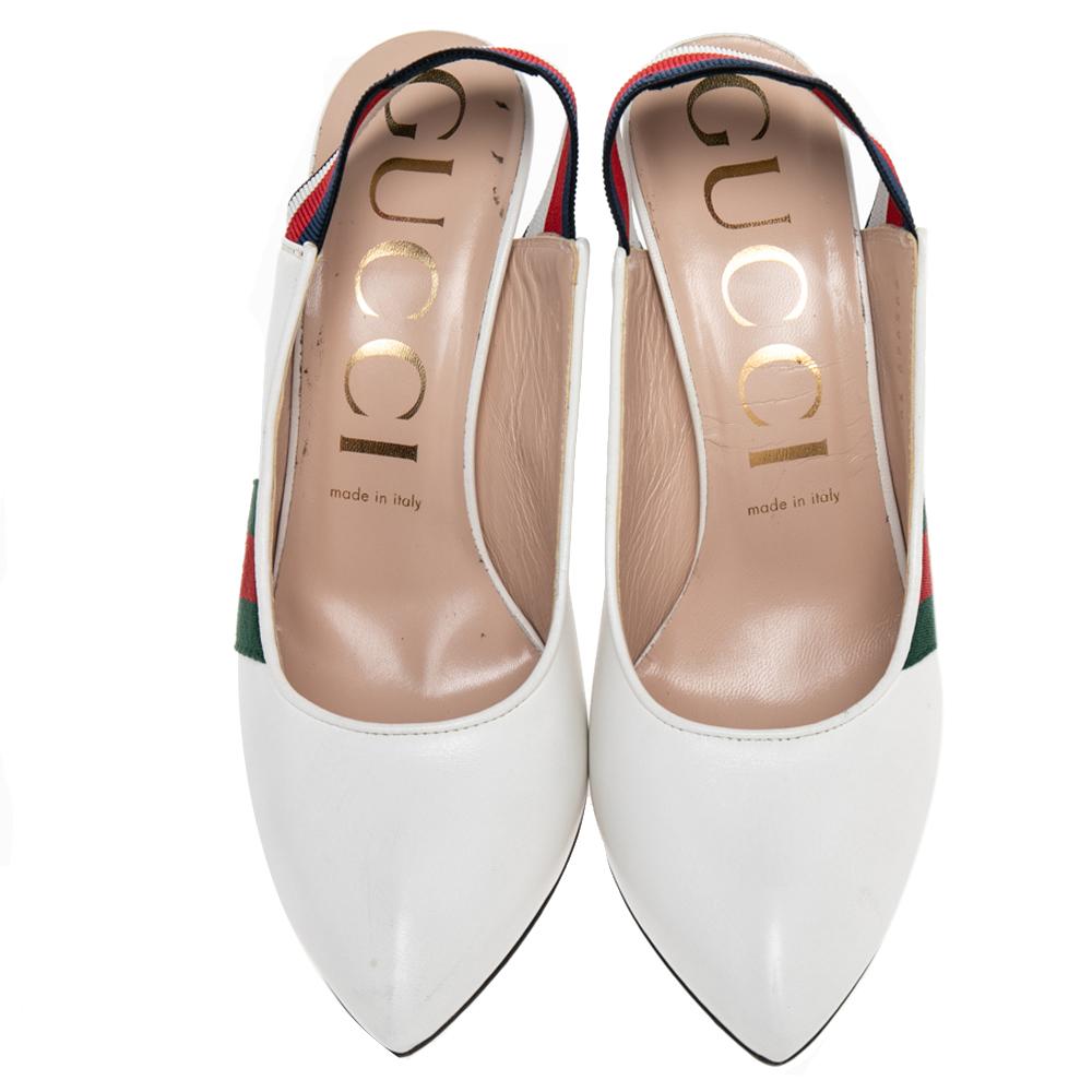 Gucci White Leather Bee Embroidered Web Detail Sylvie Slingback Sandals ...