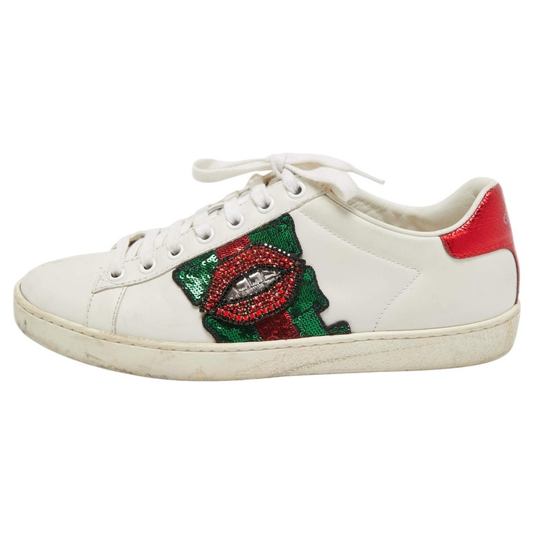 Gucci White Leather Embellished Lip Ace Sneakers Size 37 For Sale at ...