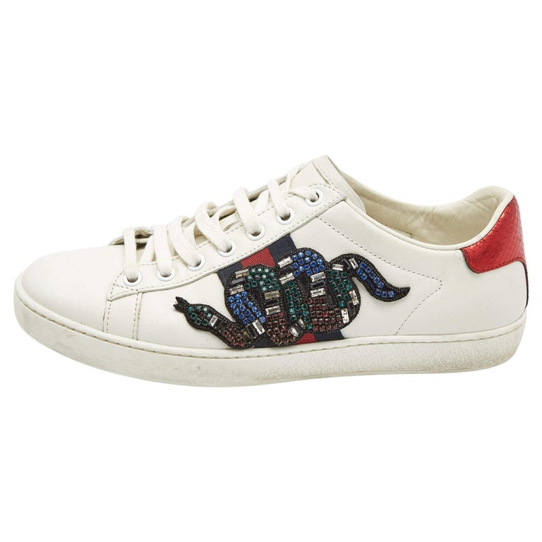 Gucci White Leather Embellished Snake Ace Sneakers Size 37 For Sale at ...