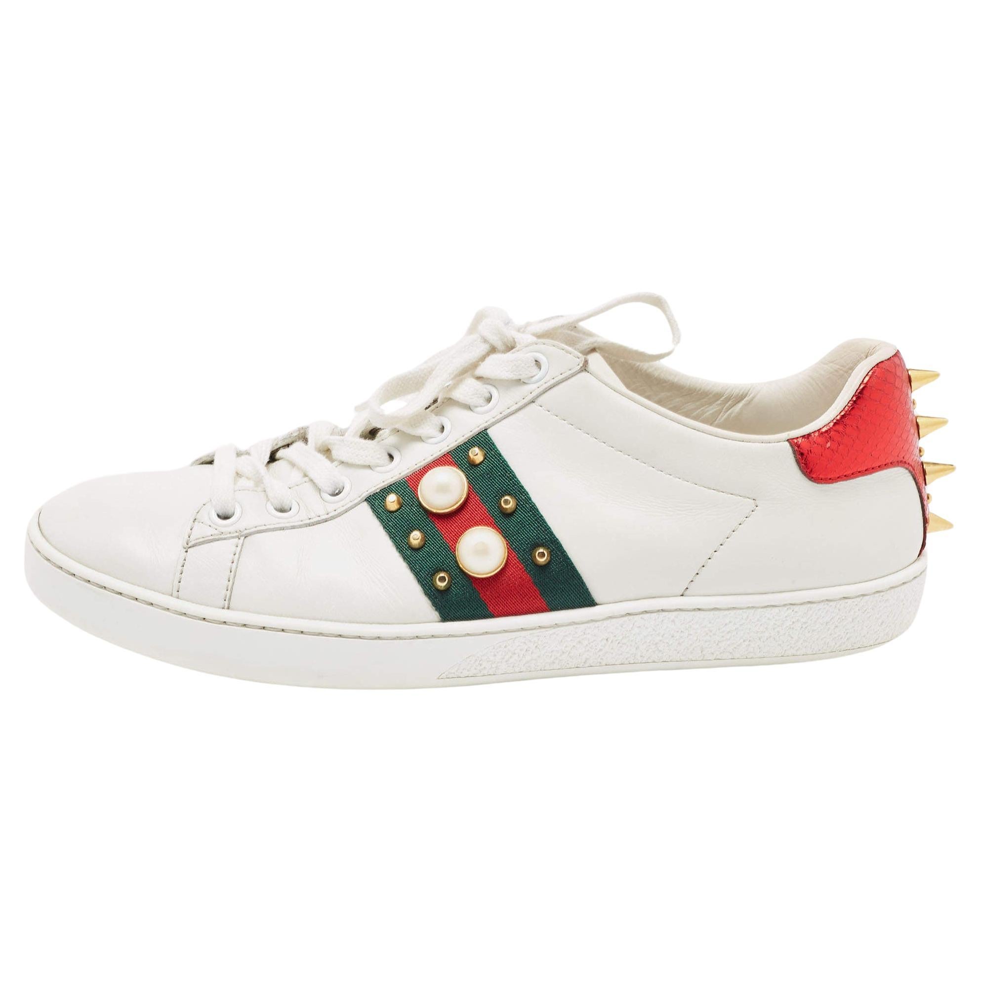 Gucci White Leather Faux Pearl and Spike Embellished Ace Sneakers Size ...