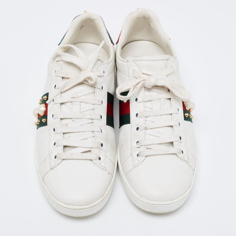 Gucci White Leather Faux Pearl Embellished Ace Sneakers Size 39 For ...