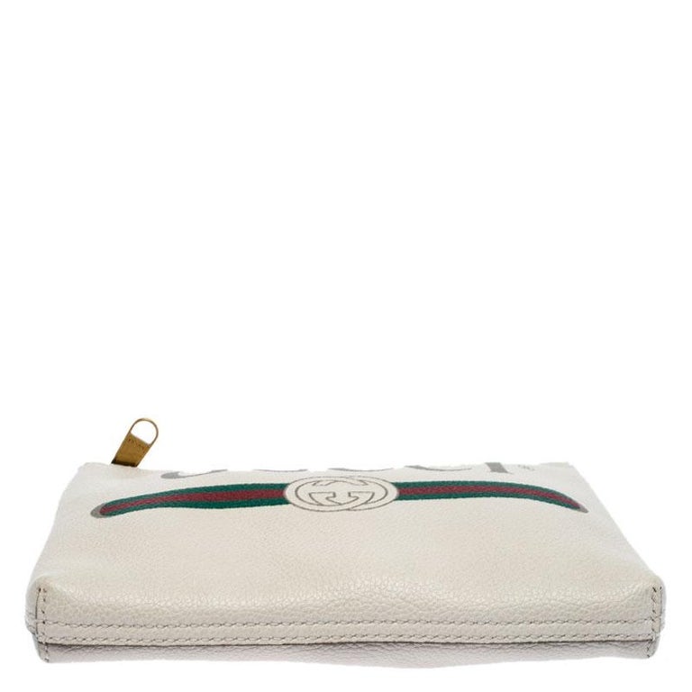 Gucci White Leather Logo Print Zip Pouch For Sale at 1stDibs | gucci pouch