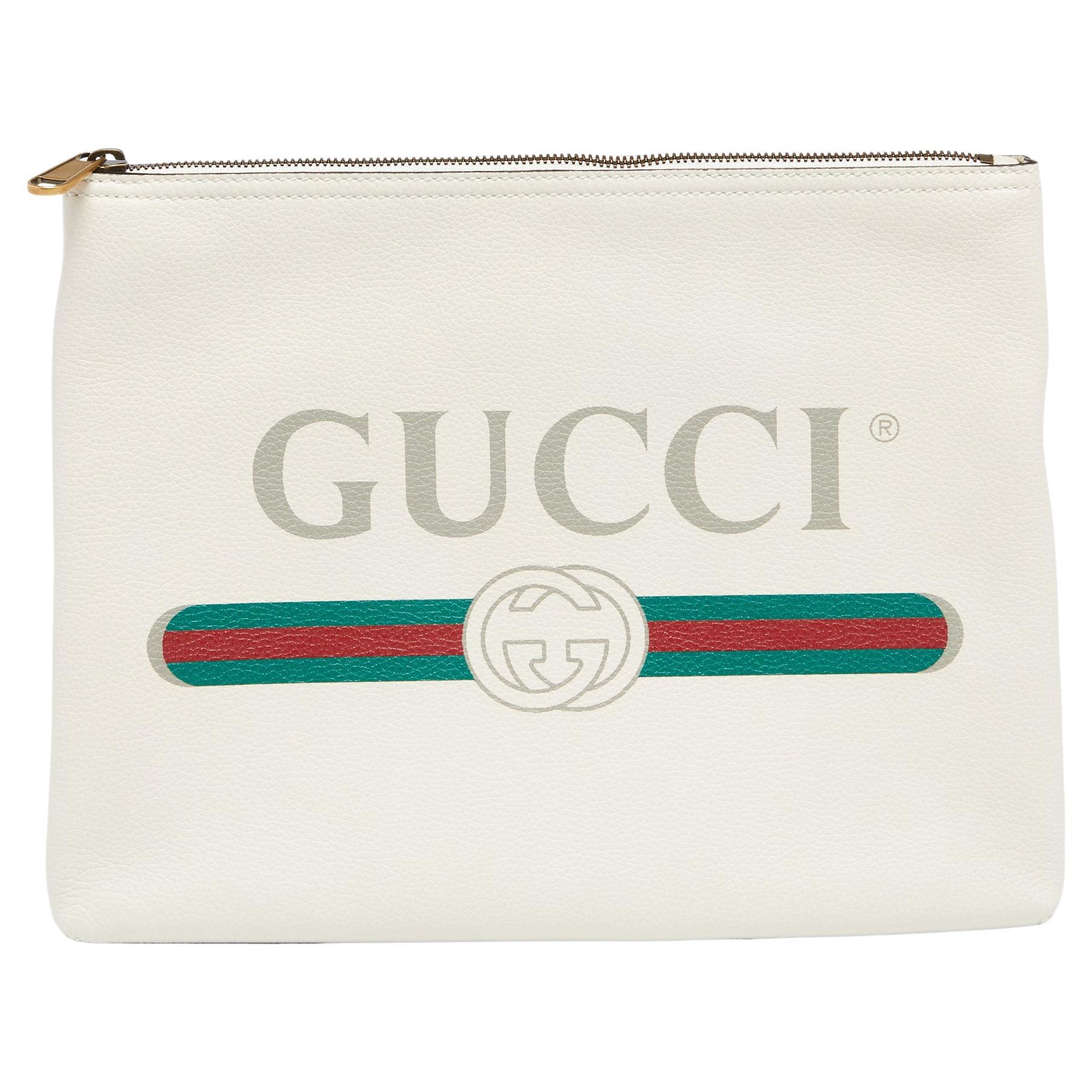 Gucci Off White Leather Logo Print Zip Pouch at 1stDibs