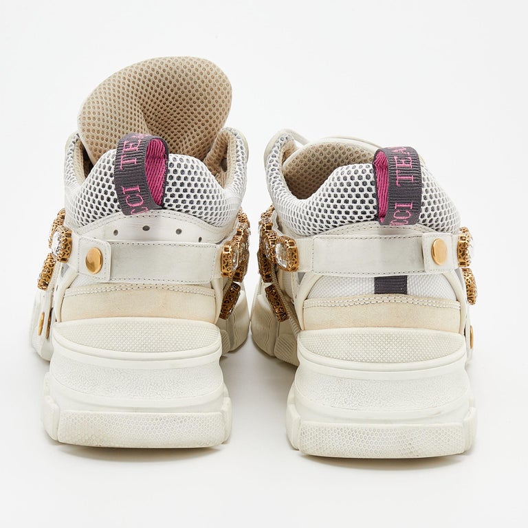 Gucci White Leather Mesh Flashtrek Removable Crystals Low Top Sneakers ...