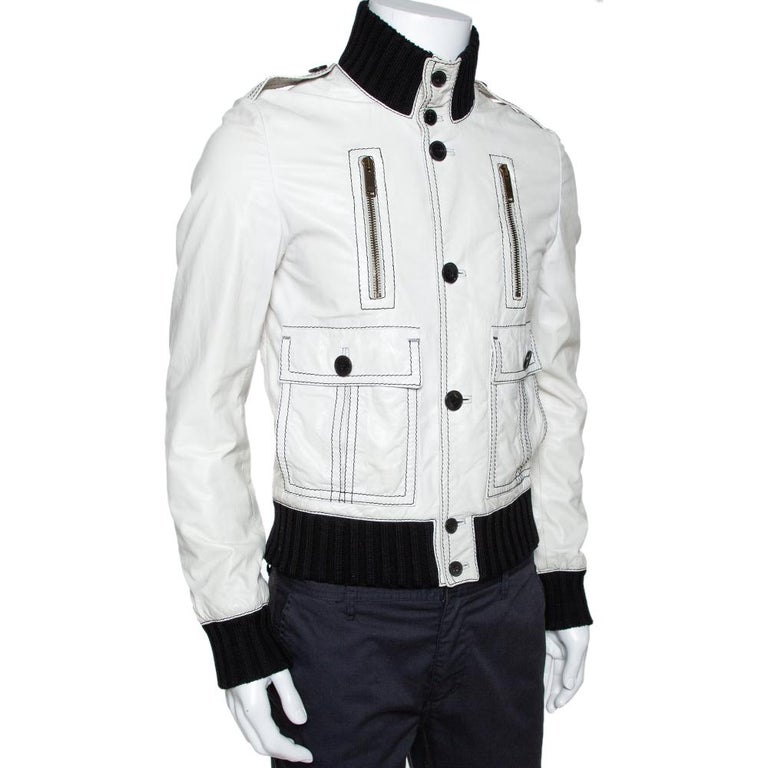 Gucci White Leather Rib Knit Trim Bomber Jacket M For Sale at 1stDibs ...