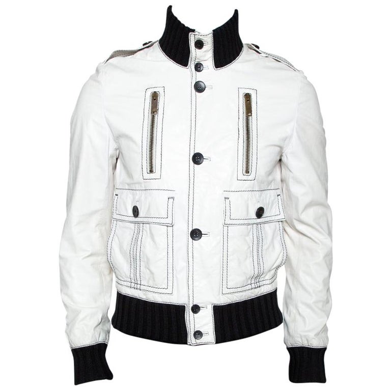 Gucci White Leather Rib Knit Trim Bomber Jacket M For Sale at 1stDibs ...