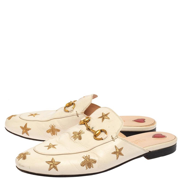 Gucci White Leather Star And Bee Embroidered Princetown Flat Mules Size ...