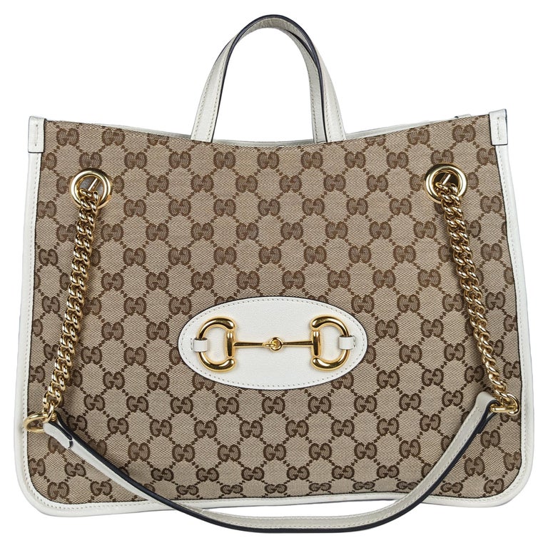 Gucci White Monogram Horsebit 1955 Chain Tote Medium For Sale at 1stDibs