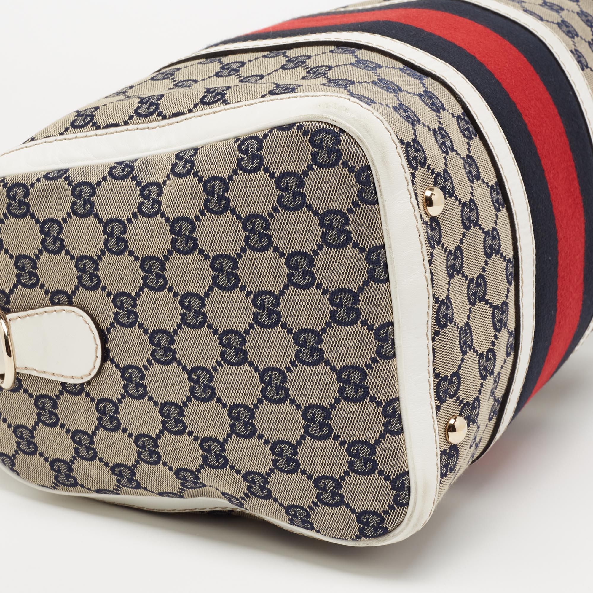 Gucci White/Navy Blue GG Canvas and Leather Medium Vintage Web Boston ...