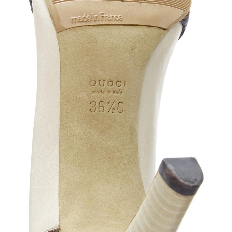 GUCCI white signature Web brown piping high heel loafer pumps EU36.5 ...