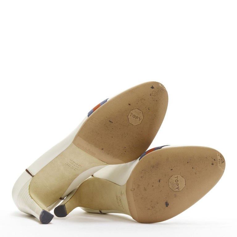 GUCCI white signature Web brown piping high heel loafer pumps EU36.5 ...