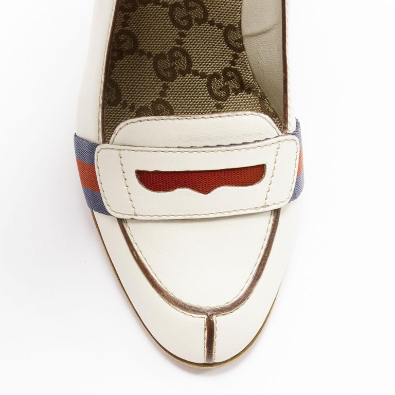 GUCCI white signature Web brown piping high heel loafer pumps EU36.5 ...