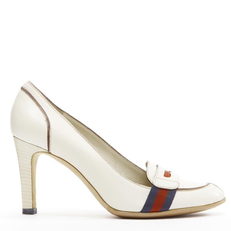 GUCCI white signature Web brown piping high heel loafer pumps EU36.5 ...