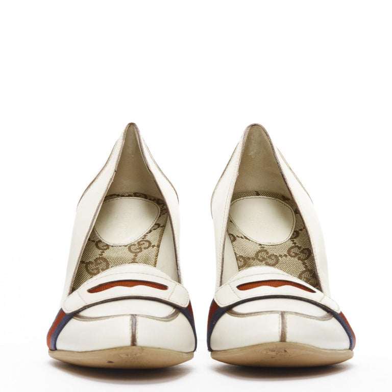 GUCCI white signature Web brown piping high heel loafer pumps EU36.5 ...