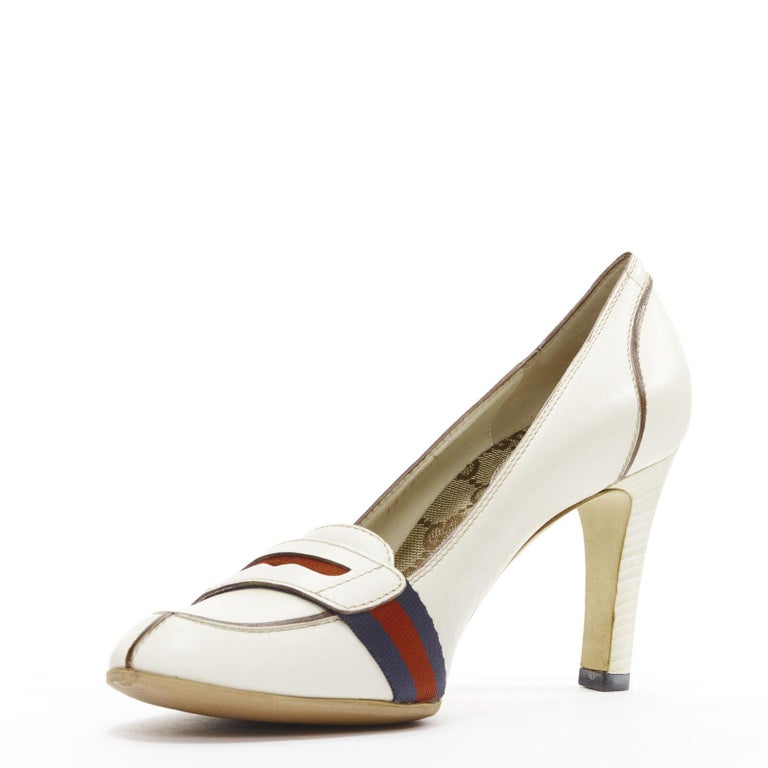GUCCI white signature Web brown piping high heel loafer pumps EU36.5 ...