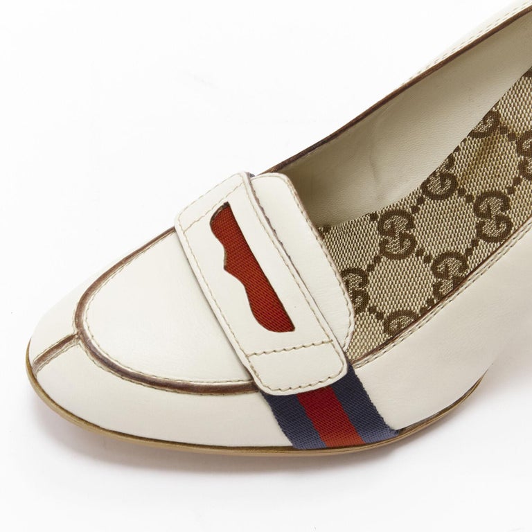 GUCCI white signature Web brown piping high heel loafer pumps EU36.5 ...