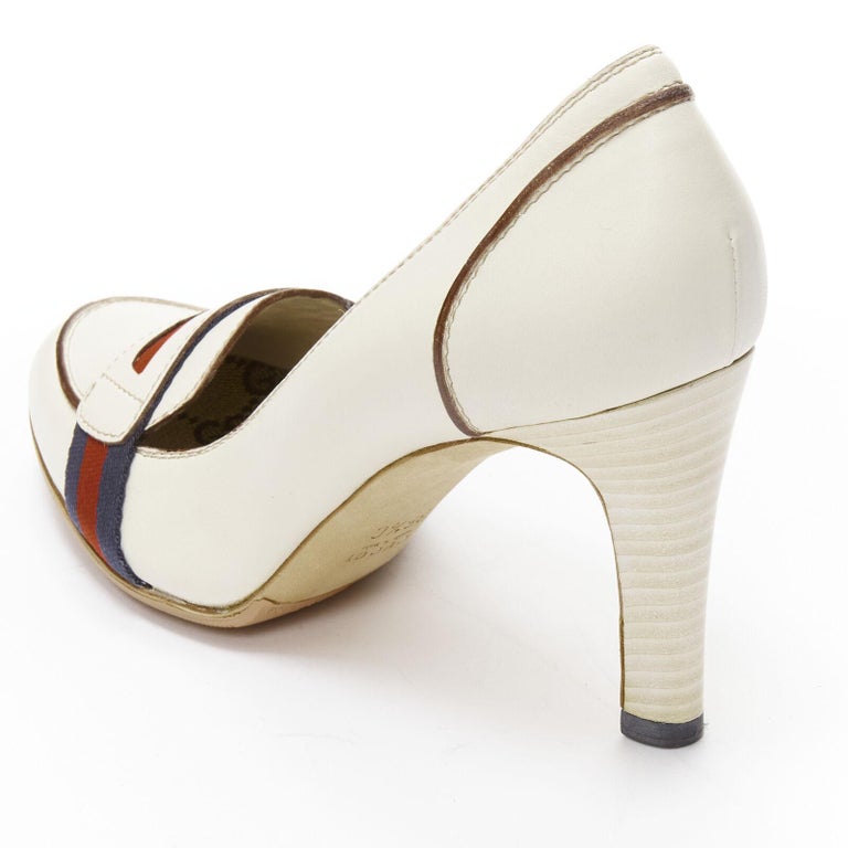 GUCCI white signature Web brown piping high heel loafer pumps EU36.5 ...