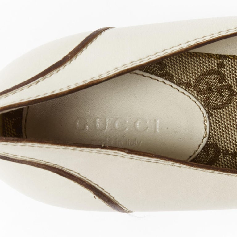 GUCCI white signature Web brown piping high heel loafer pumps EU36.5 ...