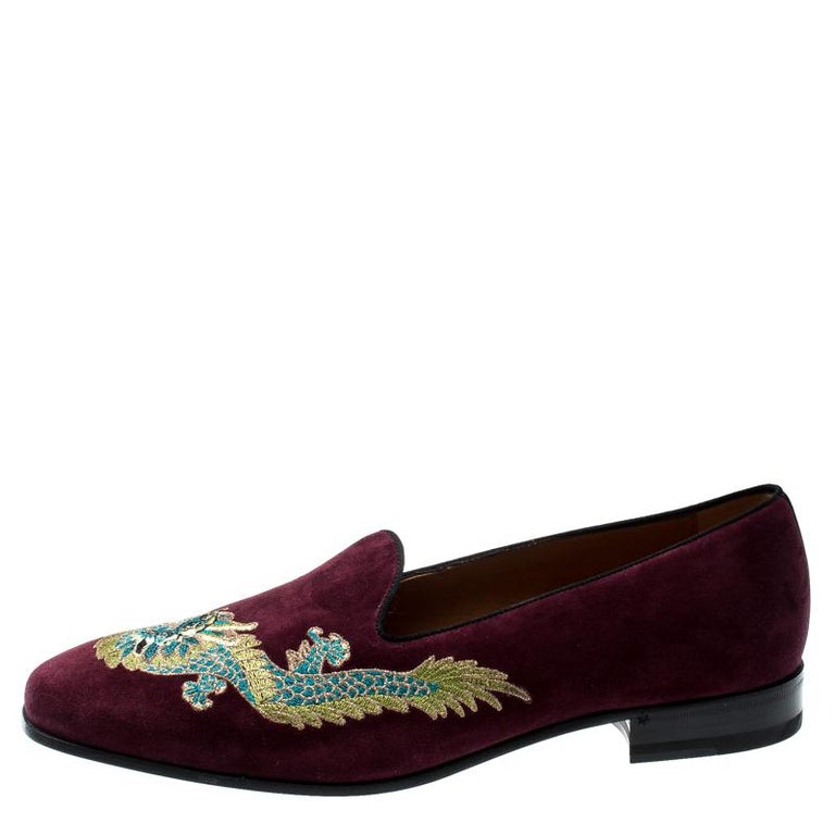 Gucci Wine Suede New Gallipoli Dragon Embroidered Loafers Size 44 For ...