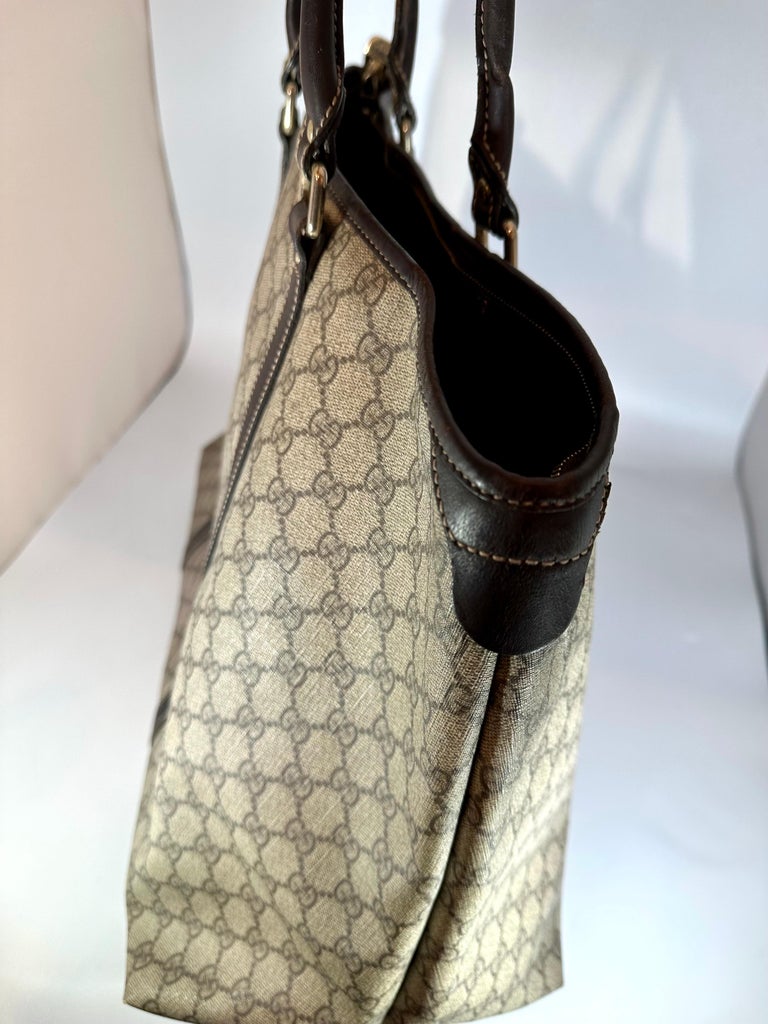 Gucci XL Vintage Tan Monogram Canvas Tote Shoulder Bag Travel bag For Sale at 1stDibs