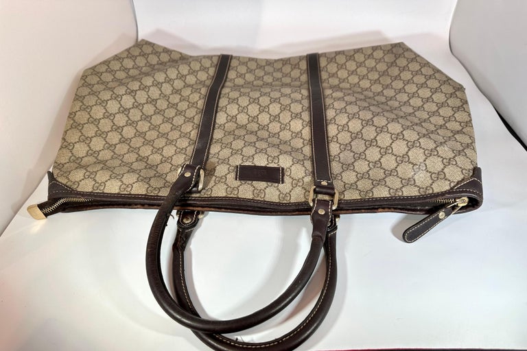 Gucci XL Vintage Tan Monogram Canvas Tote Shoulder Bag Travel bag For Sale at 1stDibs