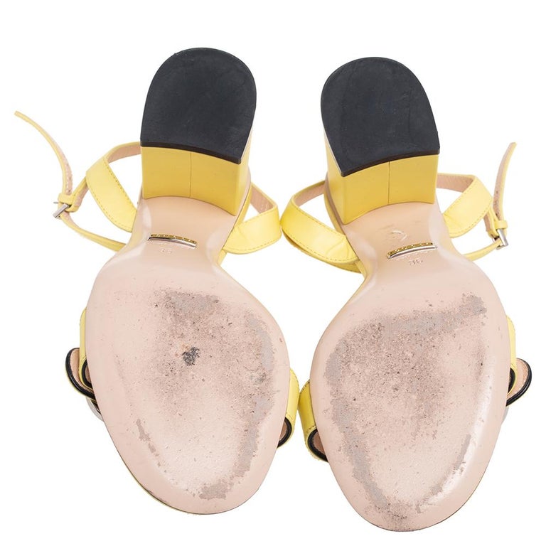 Gucci Yellow Leather Gg Marmont Block Heel Ankle Strap Sandals Size 36