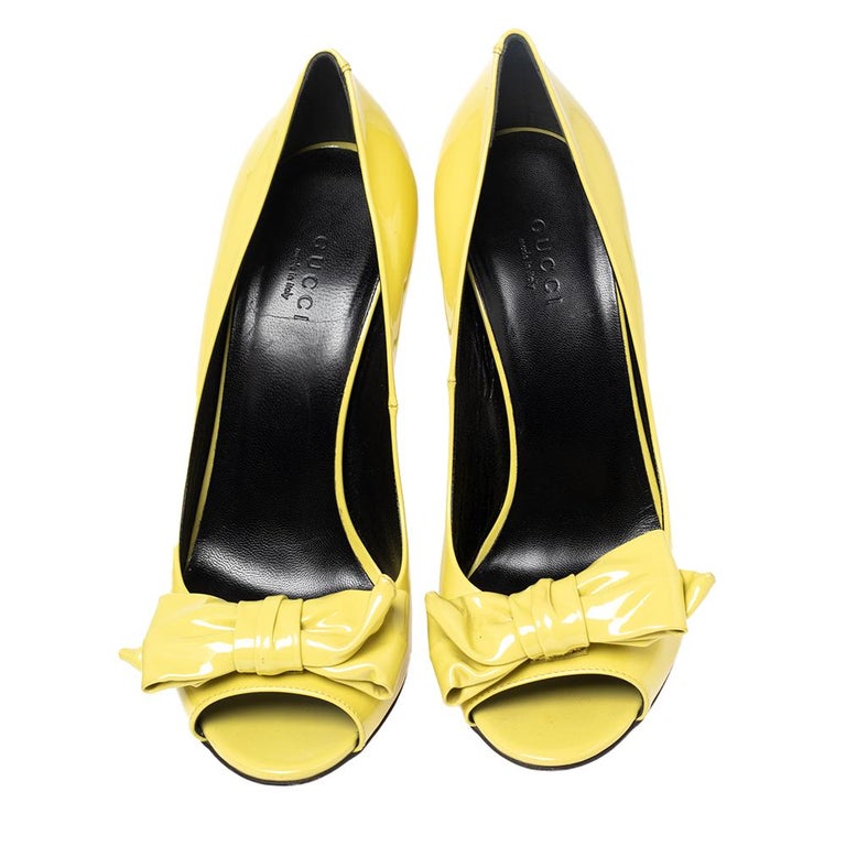 Gucci Yellow Patent Clodine Peep Toe Bow Pumps Size 38 For Sale at 1stDibs