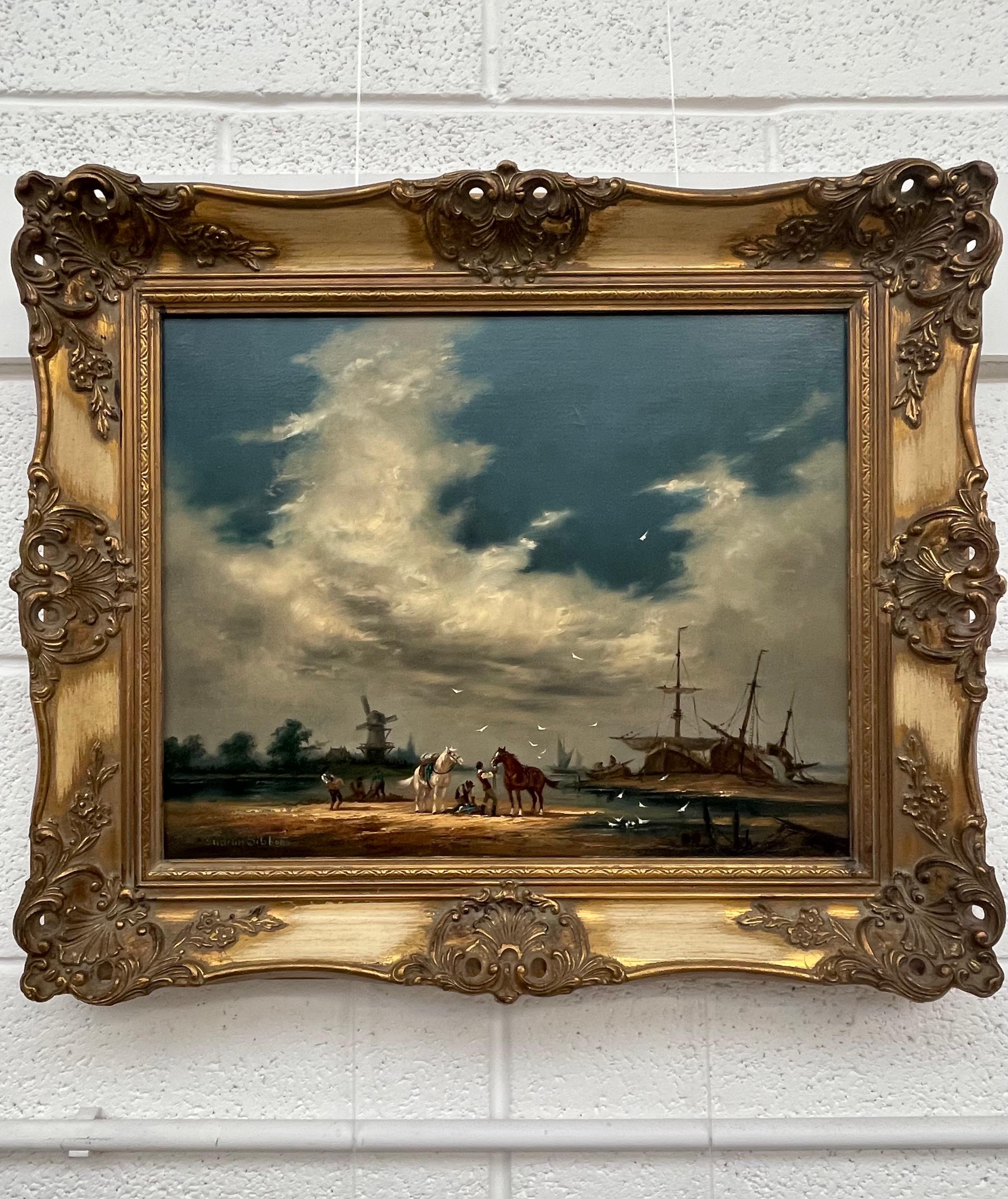 Gudrun Sibbons - Oil Painting of Dutch Estuary Boat Scene with Horses ...