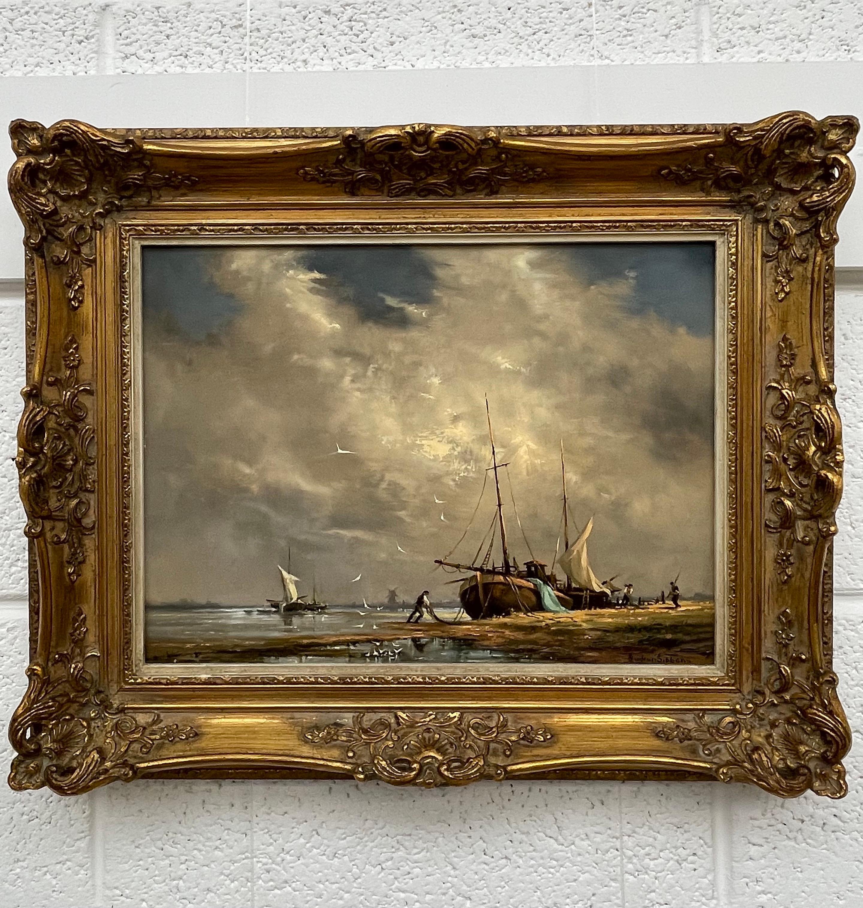 Gudrun Sibbons - Oil Painting of Estuary Scene with Fishing Boat and ...