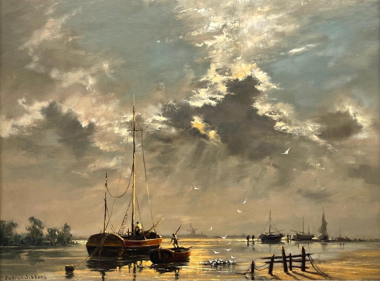 Gudrun Sibbons - Oil Painting of Evening Scene with Moored Boats in ...