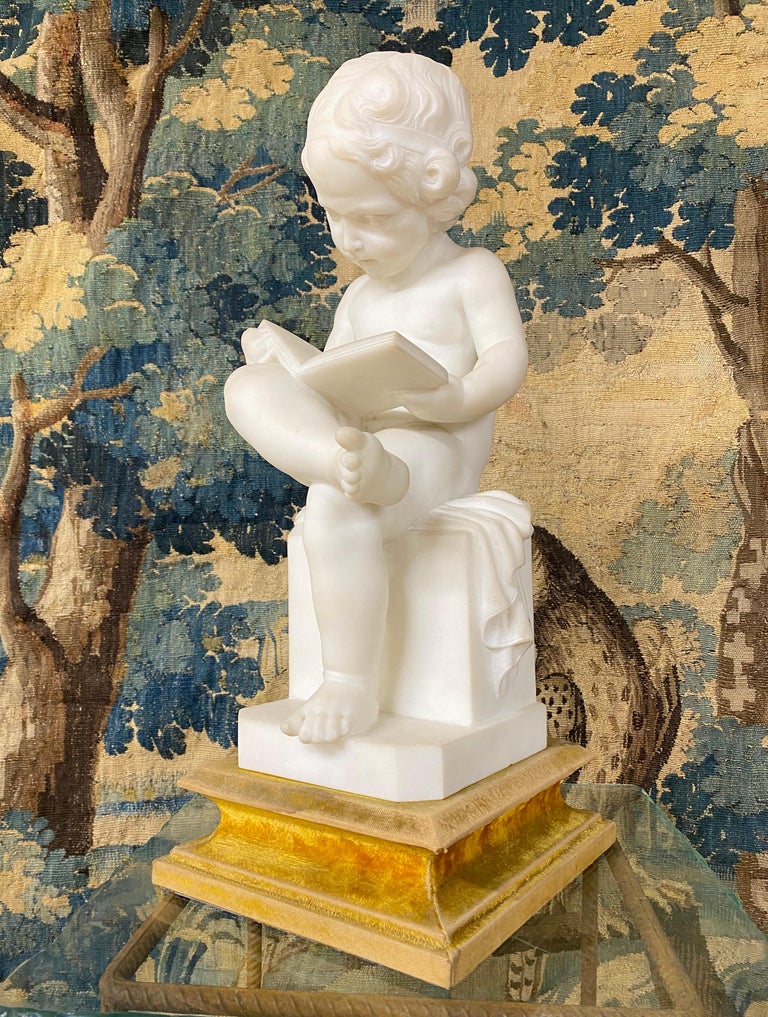Guglielmo Pugi, Young Boy Reading, 19th Century White Marble Sculpture ...