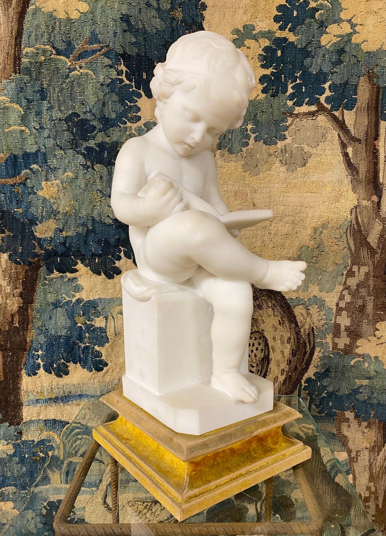 Guglielmo Pugi, Young Boy Reading, 19th Century White Marble Sculpture ...