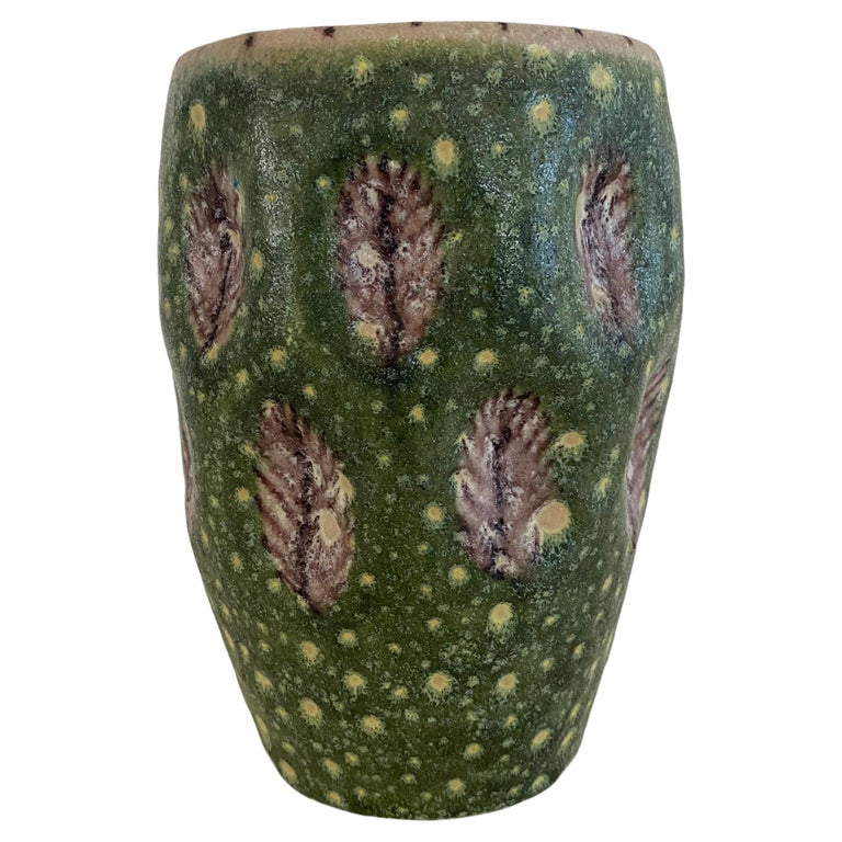 Guido Gambone Italy Ceramic Thumbprint Vase with Leaf Motif Green ...