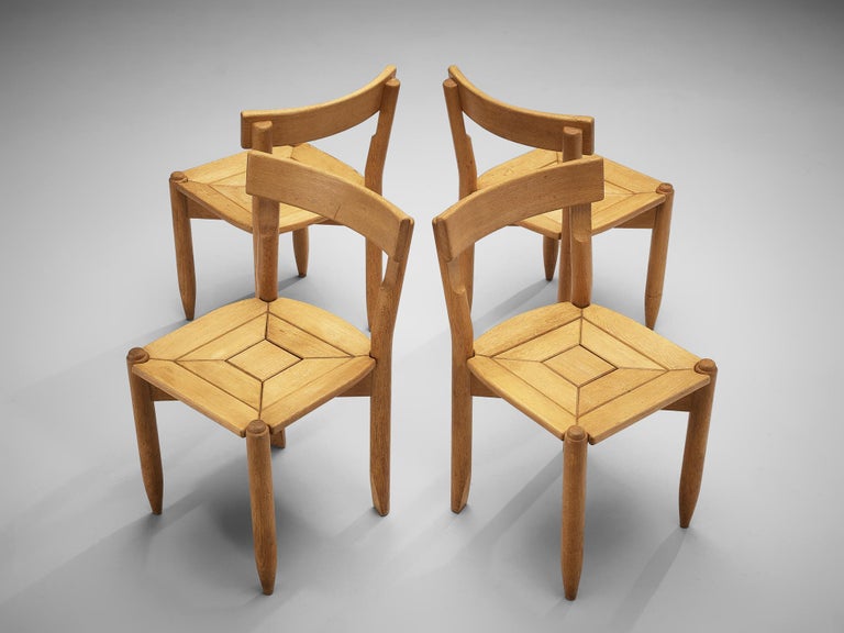 Guillerme and Chambron Set of Four Dining Chairs ‘Trèfle’ in Solid Oak ...