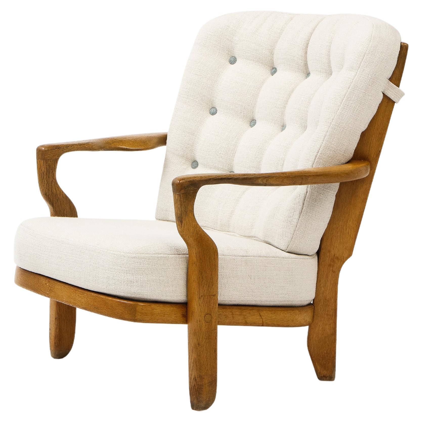 Guillerme et Chambron Single Lounge Chair in Oak and Linen at 1stDibs