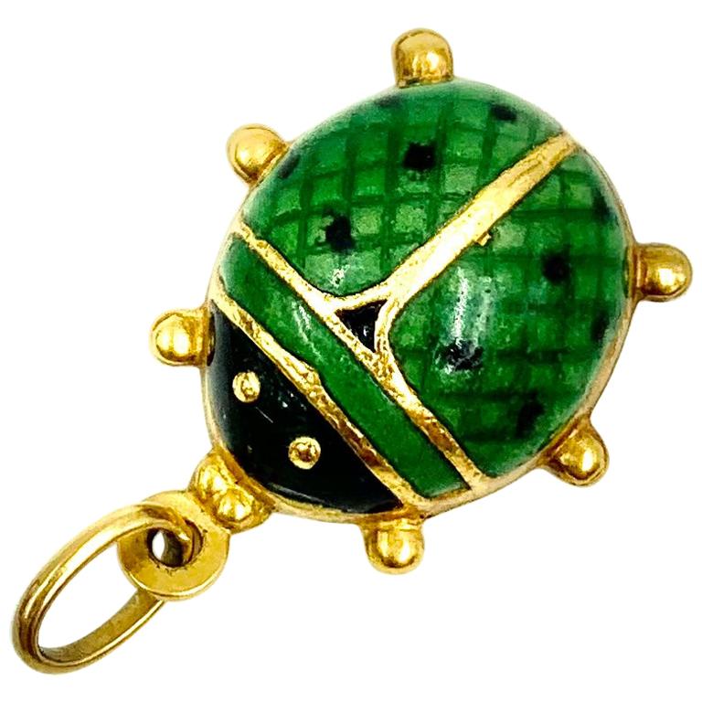 Guilloche Enamel 18 Karat Yellow Gold Ladybug Pendant Charm at 1stDibs