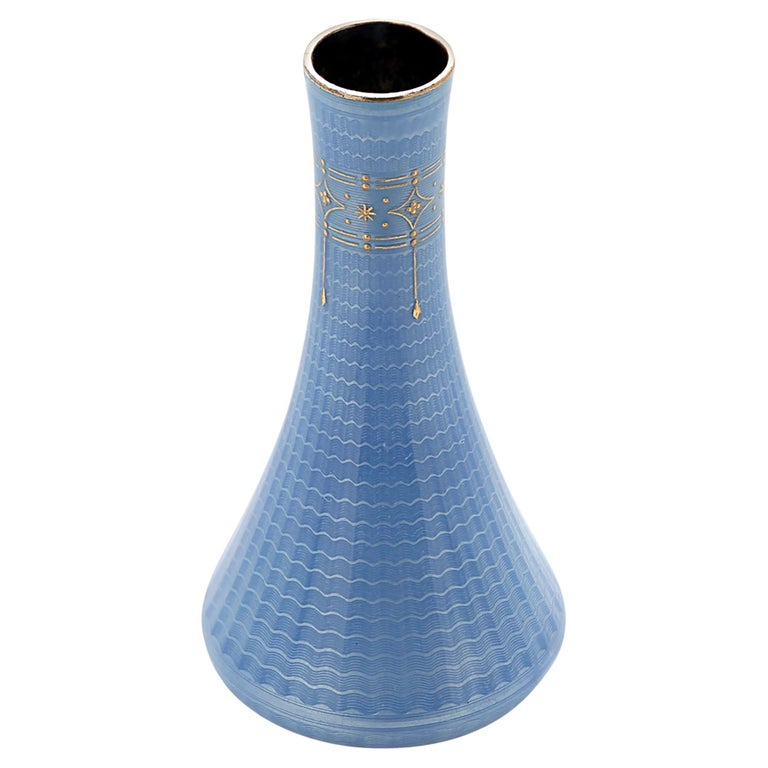 Vintage Guilloche Enameled Silver Bud Vase in Blue Translucent Enamel ...
