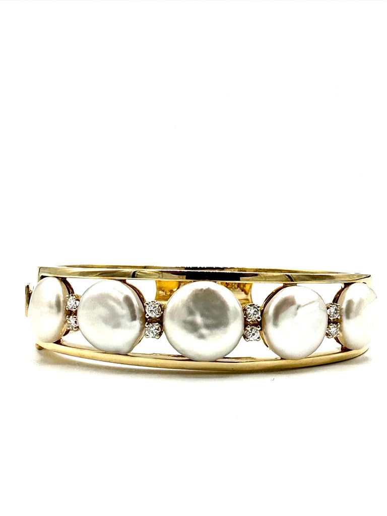 Gumps Round Brilliant Diamond and Coin Pearl 18k Yellow Gold Bangle ...