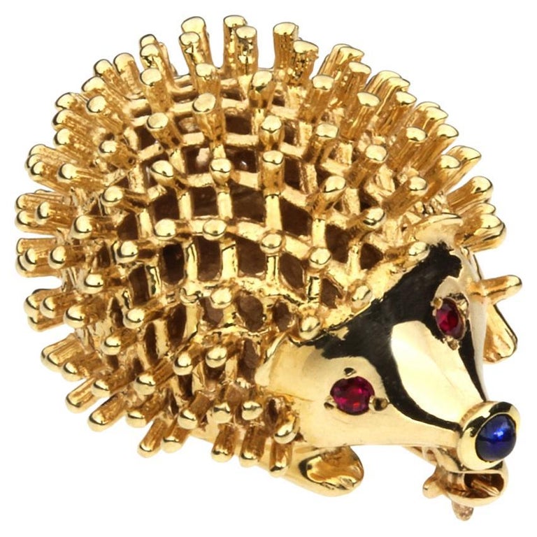 Gump's Ruby and Sapphire Figural 14K Hedgehog Pin at 1stDibs