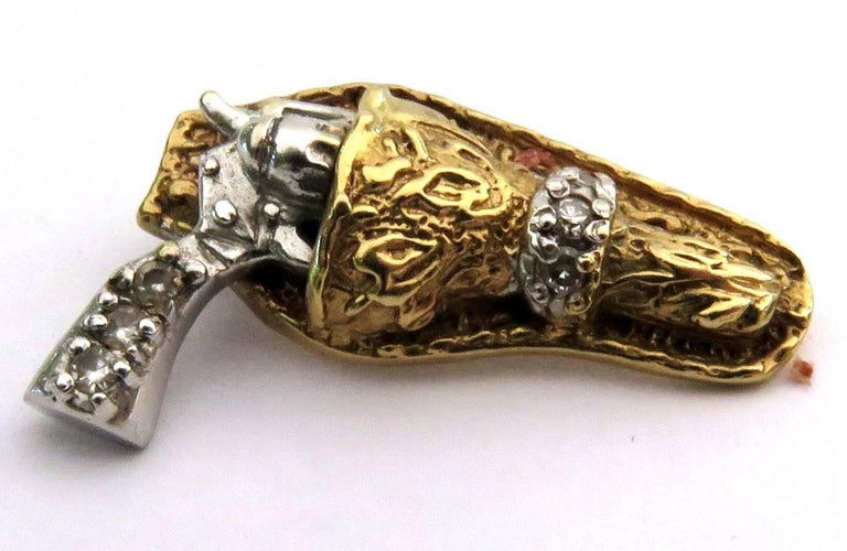 Gun Charm Pendant White and Yellow Gold Diamond Accents on Holster and ...