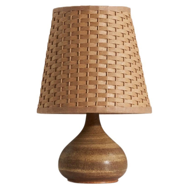 Gunnar Borg, Table Lamp, Brown-Glazed Stoneware, Rattan, Sweden, 1960s ...