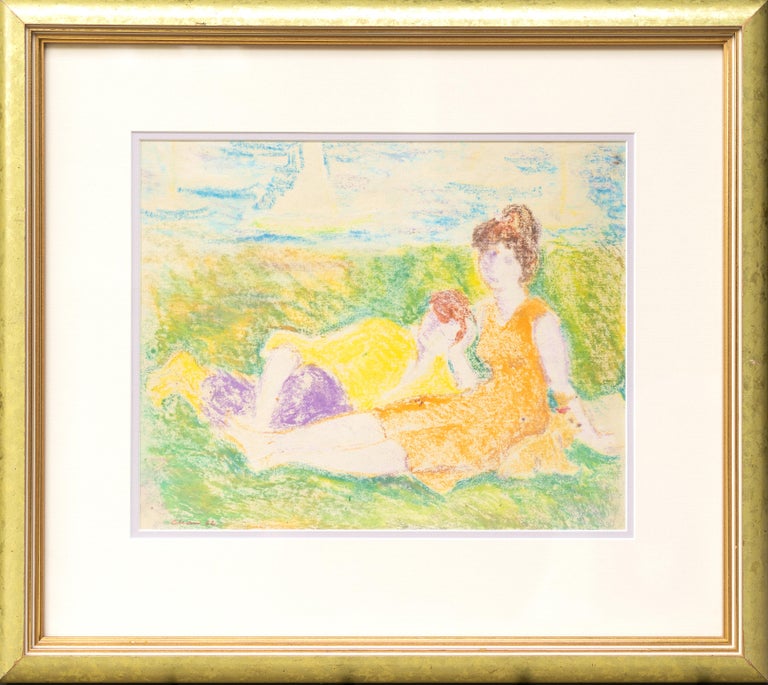 Gustav Likan - Lounging Couple Pastel Figurative Scene For Sale at 1stDibs