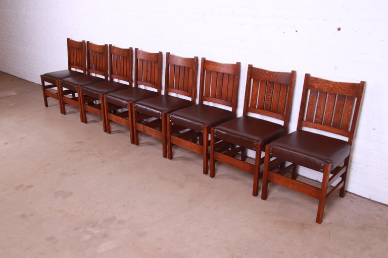 Gustav Stickley V-Back Oak and Leather Dining Chairs by Warren Hile ...