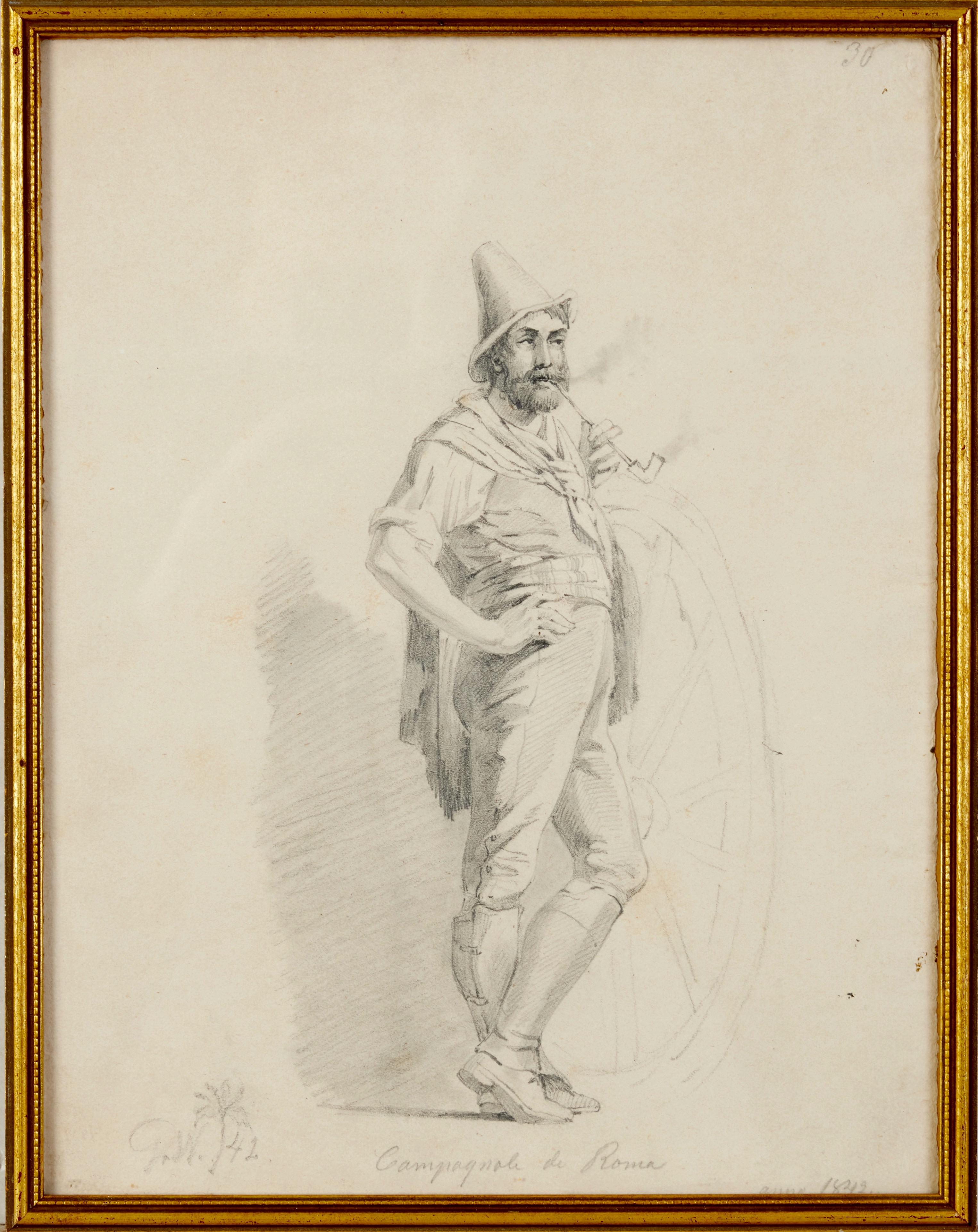 Gustav Wilhelm Palm, Pencil Drawing of a Roman Peasant Smoking a Pipe ...