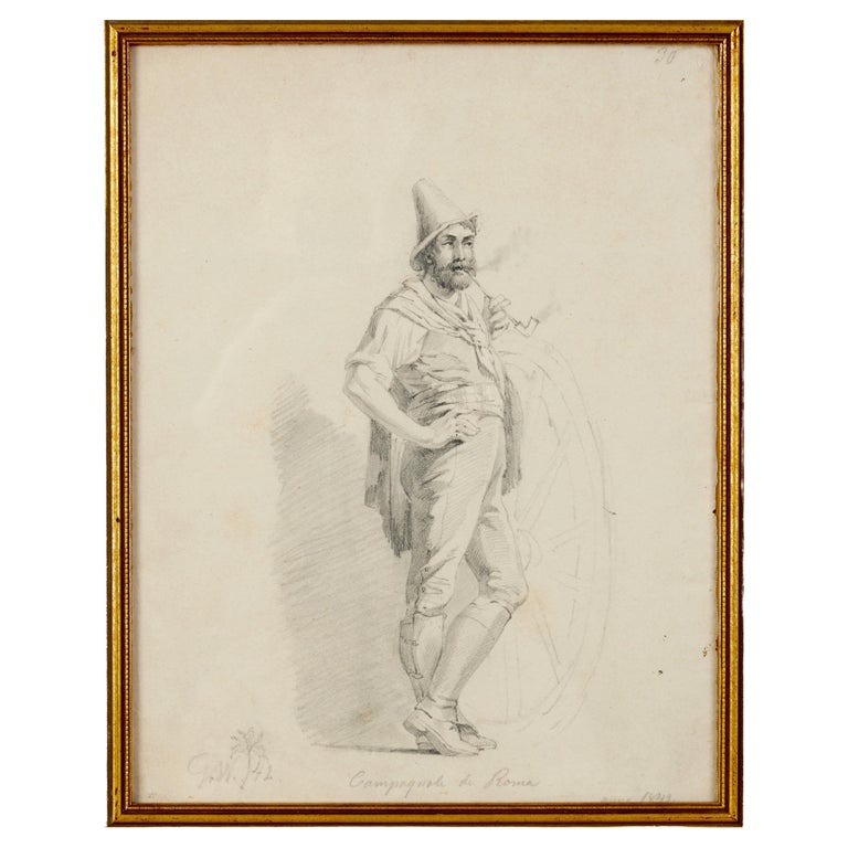 Gustav Wilhelm Palm, Pencil Drawing of a Roman Peasant Smoking a Pipe ...