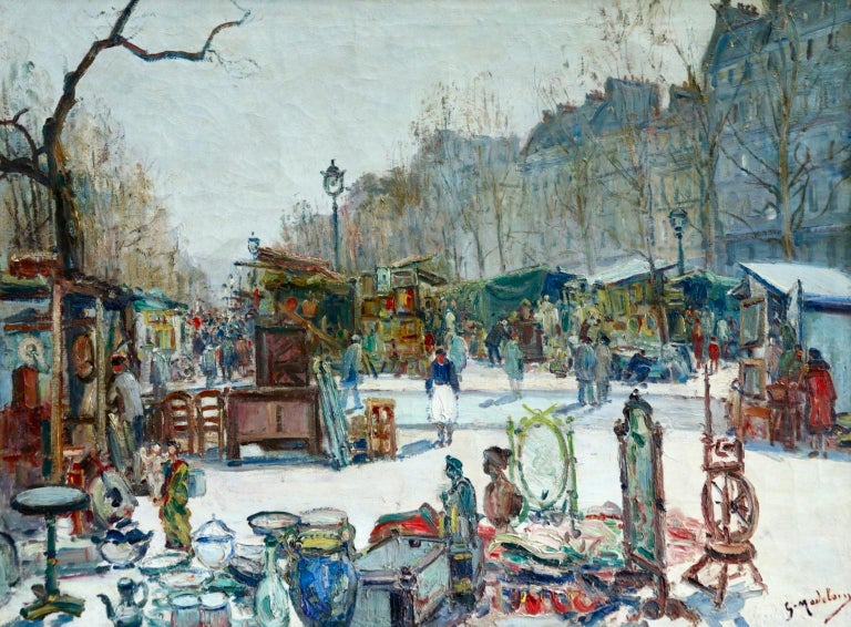 Gustave Madelain - An Antique Fair - Paris - Impressionist Oil, Figures ...