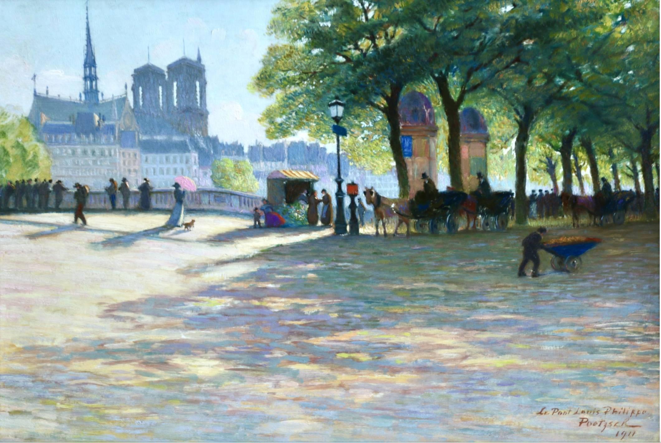 Gustave Poetzsch - Le Pont Louis Philippe - Impressionist Oil, Figures ...